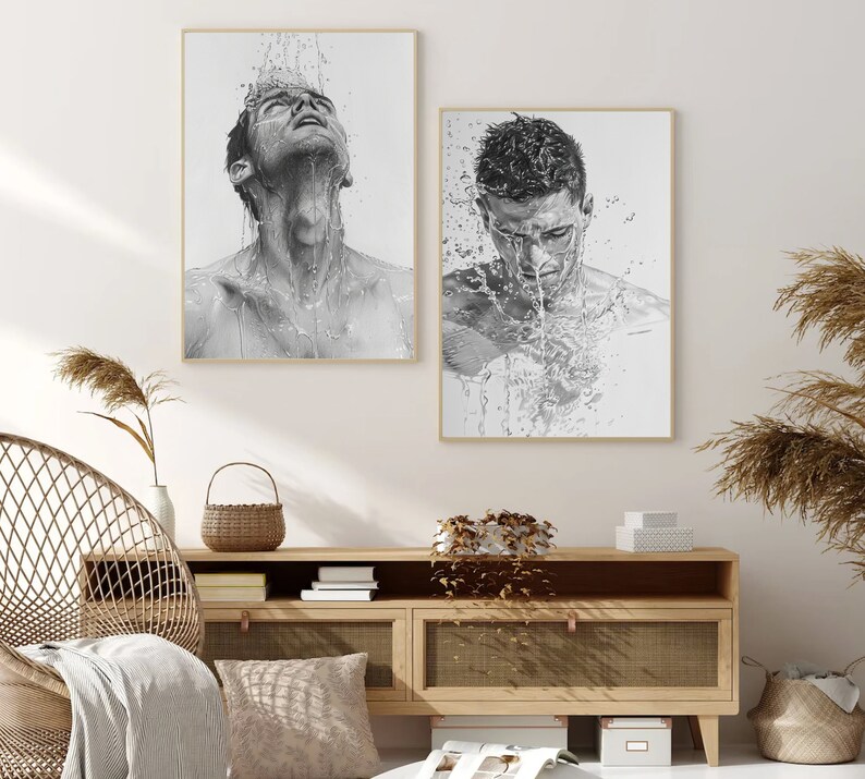 Dynamic Pencil Drawing Set of 2 - Hyperrealistic Water Splash Portraits ...