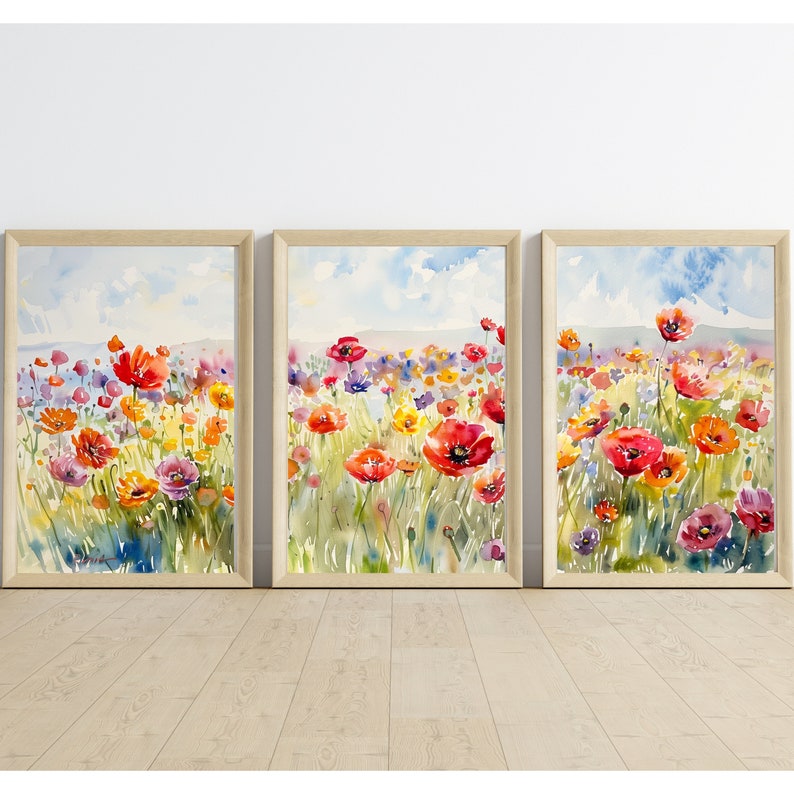 Watercolor Flower Field Poster Set of 3 Sunny Day Landscape Art Floral ...