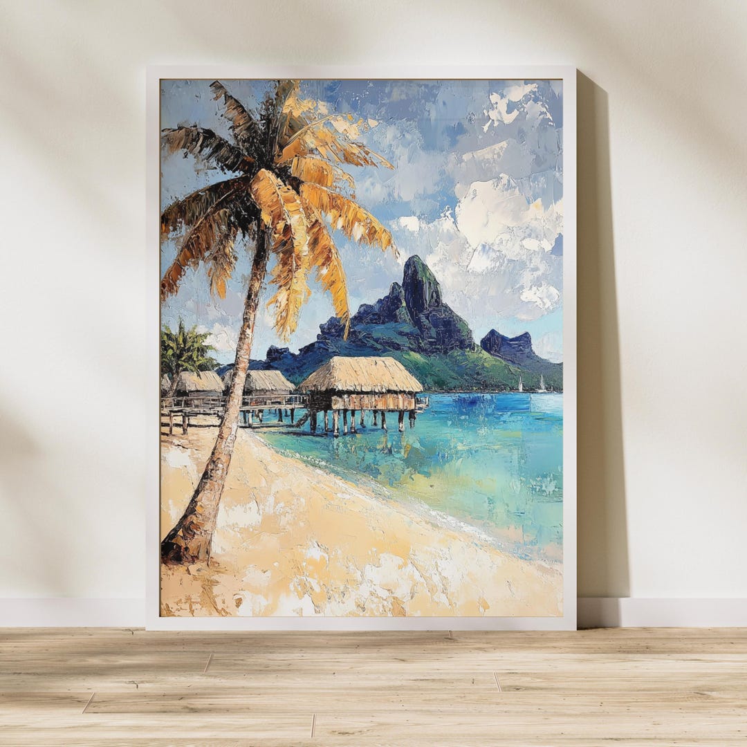 Bora Bora Paradise Oil Painting – Textured Beach Landscape With Palm ...