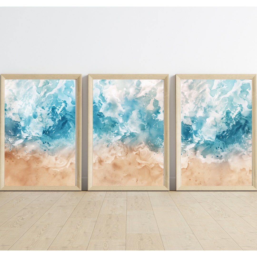 Indigo Blue Watercolor Ocean of 3 Prints Coastal Print Set Watercolor ...
