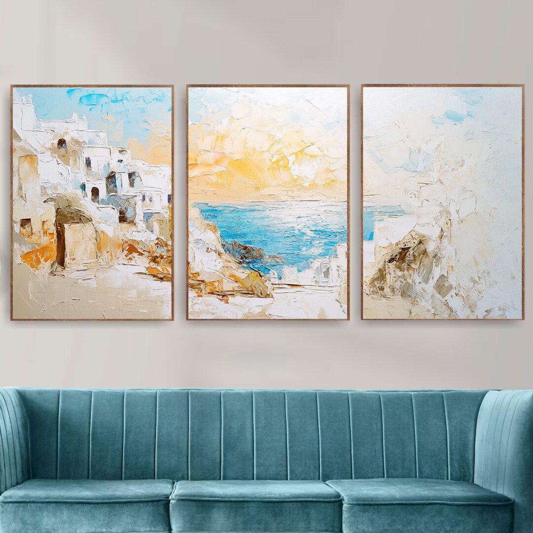 Santorini Greece 3-panel Wall Art – Mediterranean Coastal Painting ...