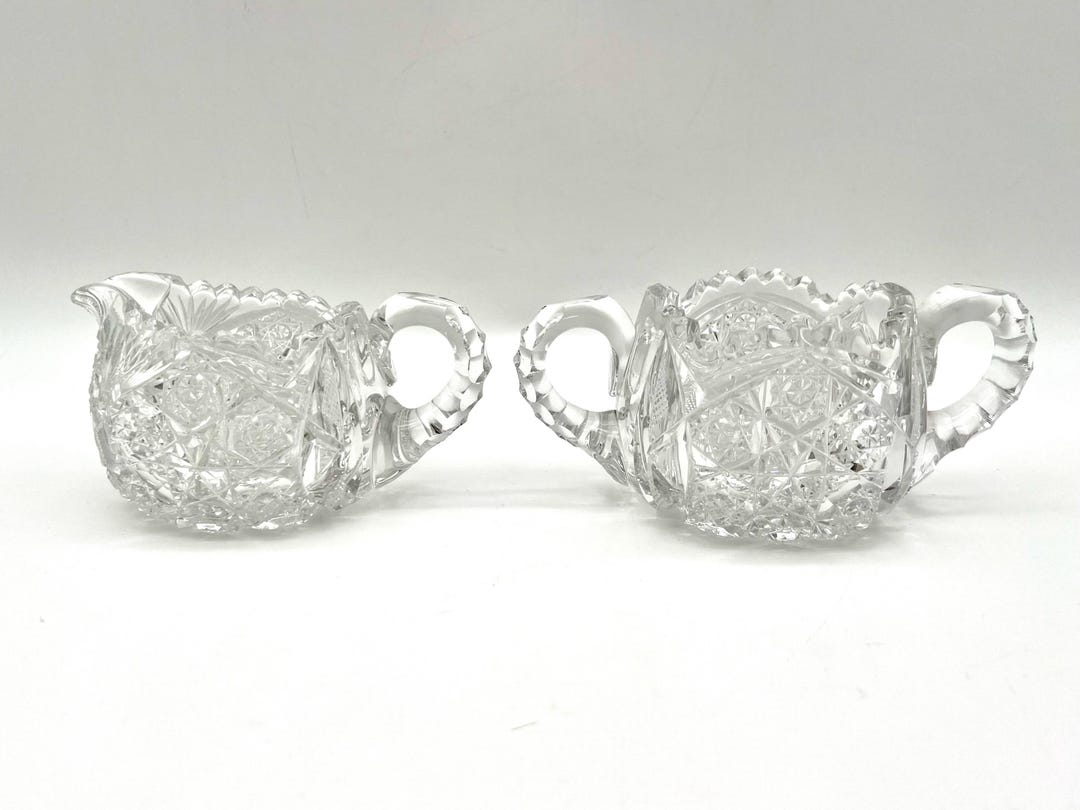 Antique American Brilliant Cut Glass Creamer & Sugar Bowl Set: Hobstar ...