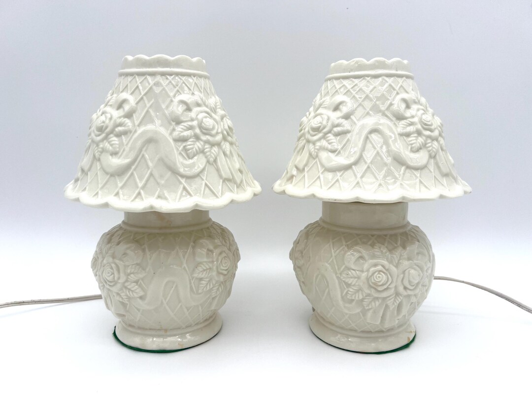 Vintage Ceramic Rose Table Lamps – Matching Pair With Embossed Shades ...