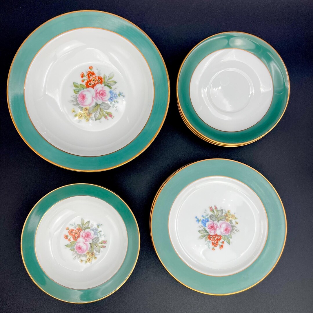 Vintage Aladdin China Set: Green Rim Floral Bowls, Plates, Saucers - Etsy