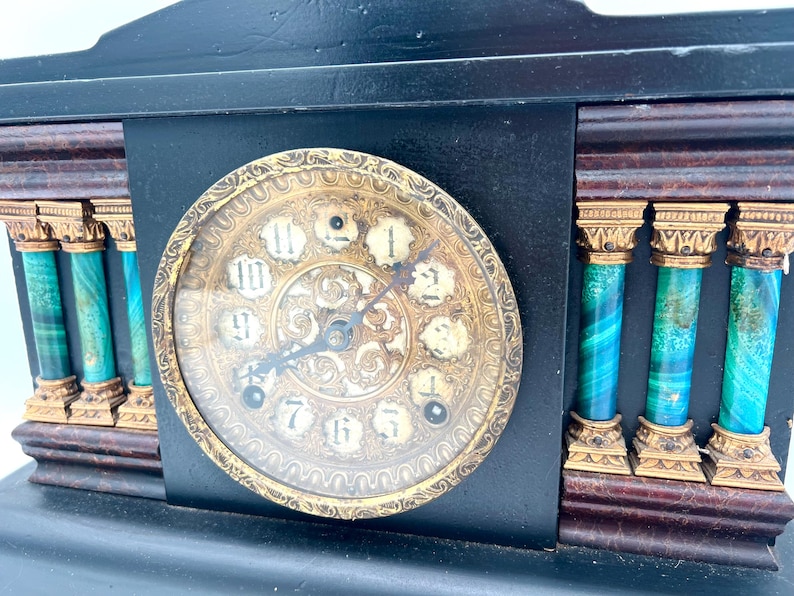 Antique E. Ingraham Mantel Clock: Gothic Revival Faux Malachite ...