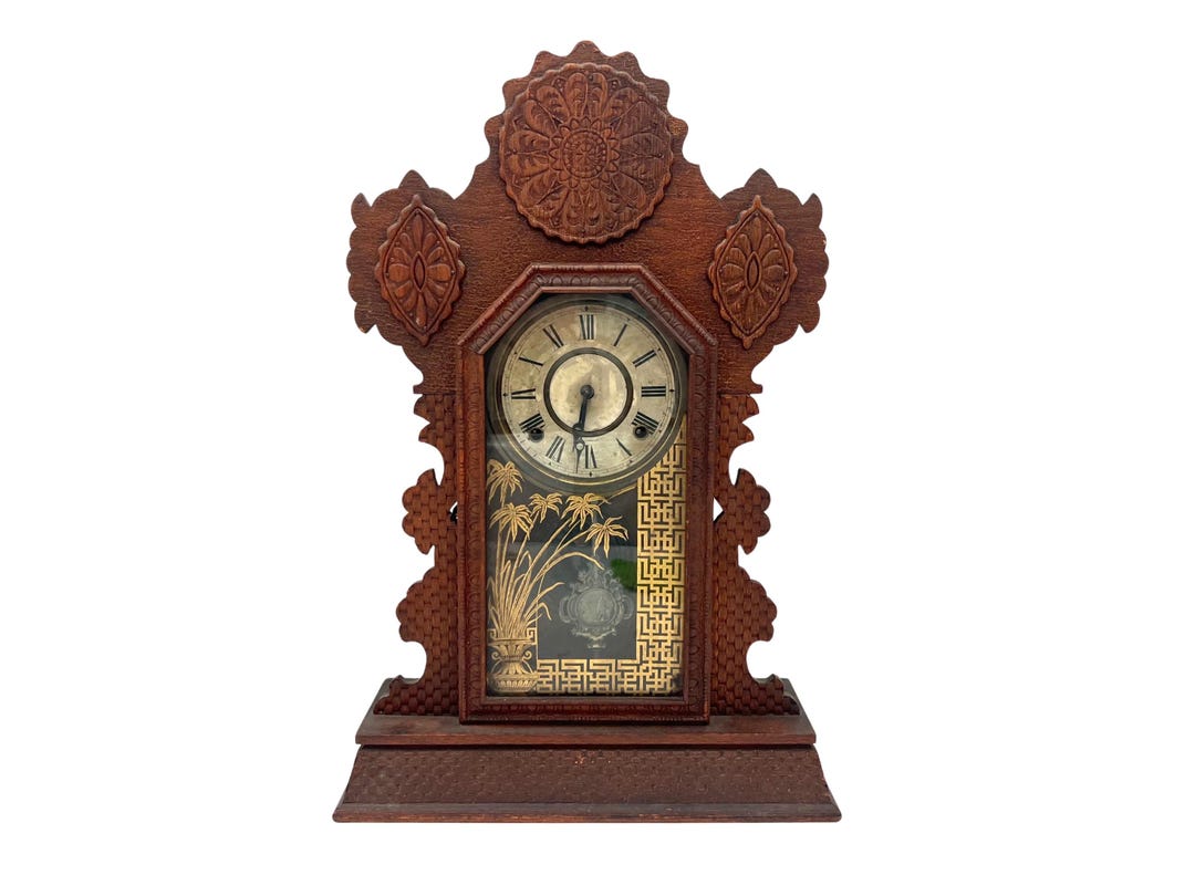 Antique E. Ingraham Gingerbread Mantel Clock – Ornate Oak Parlor Shelf ...