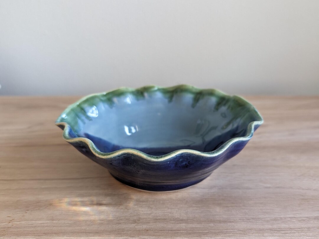 Hand-thrown Scalloped Caribbean Blue & Green Pottery Bowl - Signed - Etsy