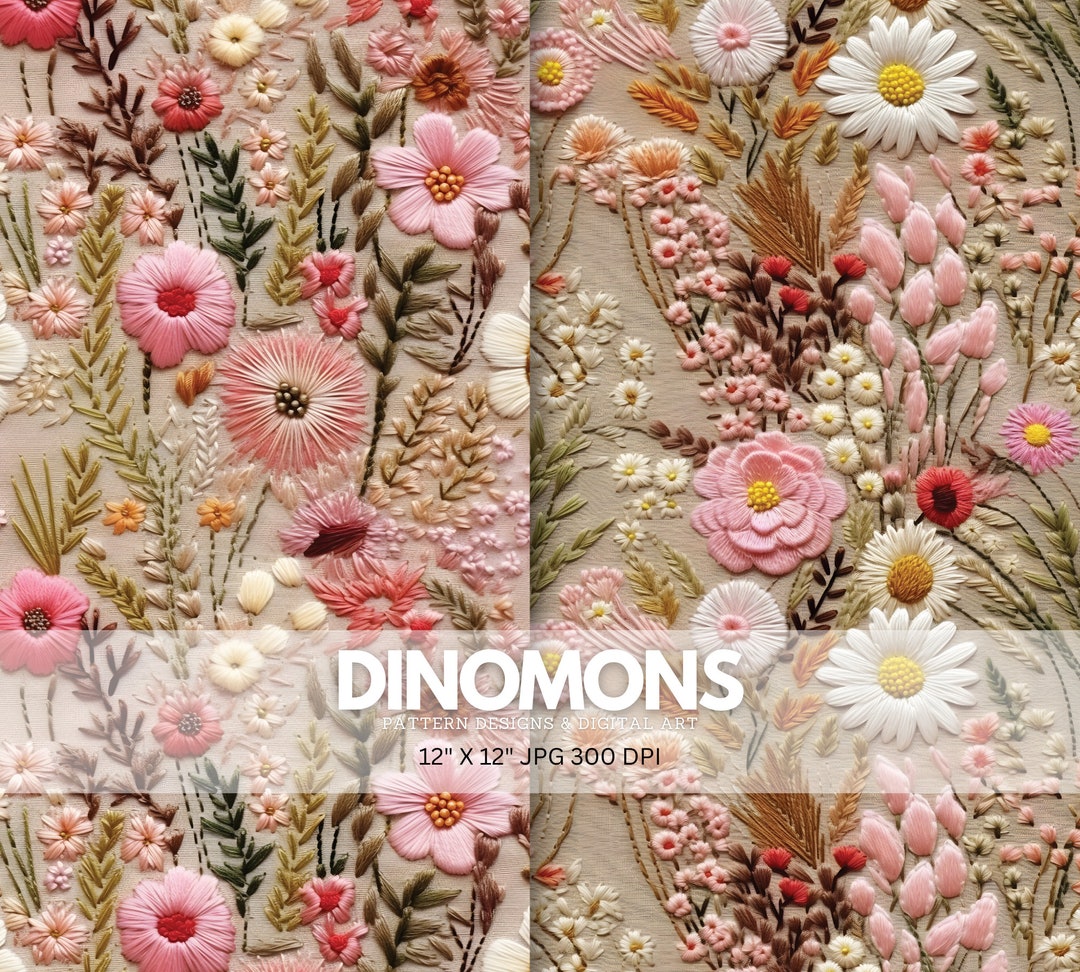 Pink Floral Embroidery Style Seamless Patterns, Pink Wildflower Digital ...