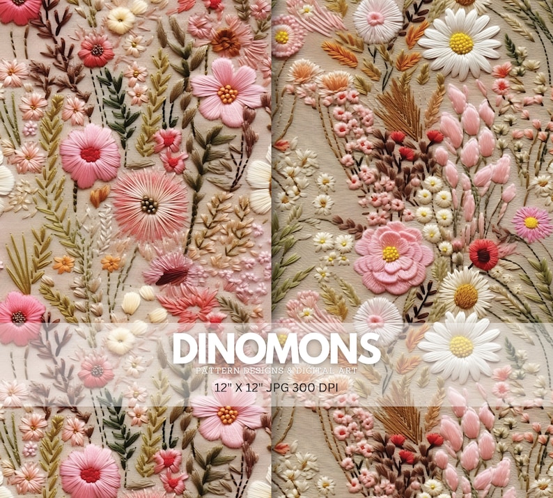 Pink Floral Embroidery Style Seamless Patterns, Pink Wildflower Digital ...