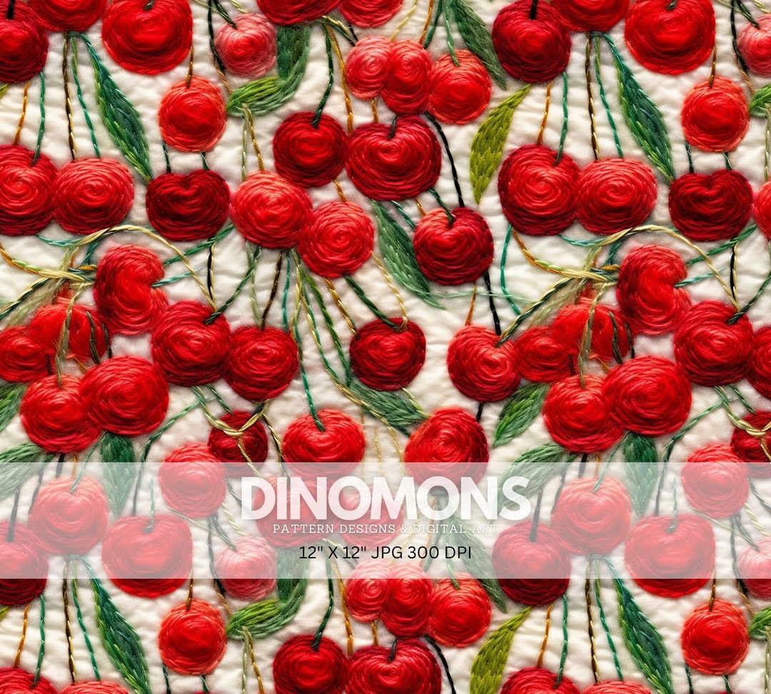 Cherry Embroidery Style Seamless Patterns, Red Cherry Flower Digital ...