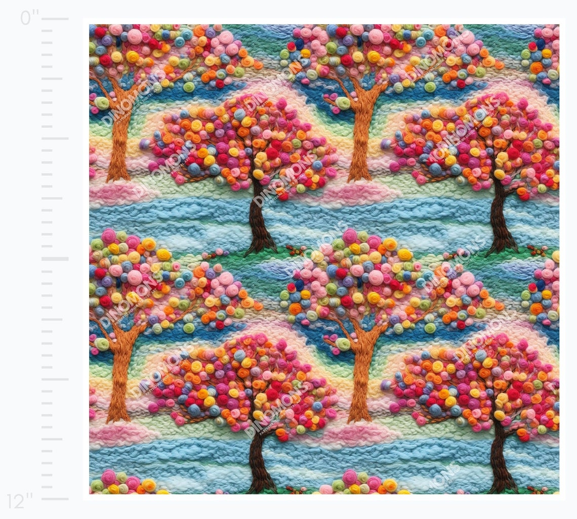 Rainbow Cotton Tree Embroidery Style Seamless Patterns, Cute Cotton ...