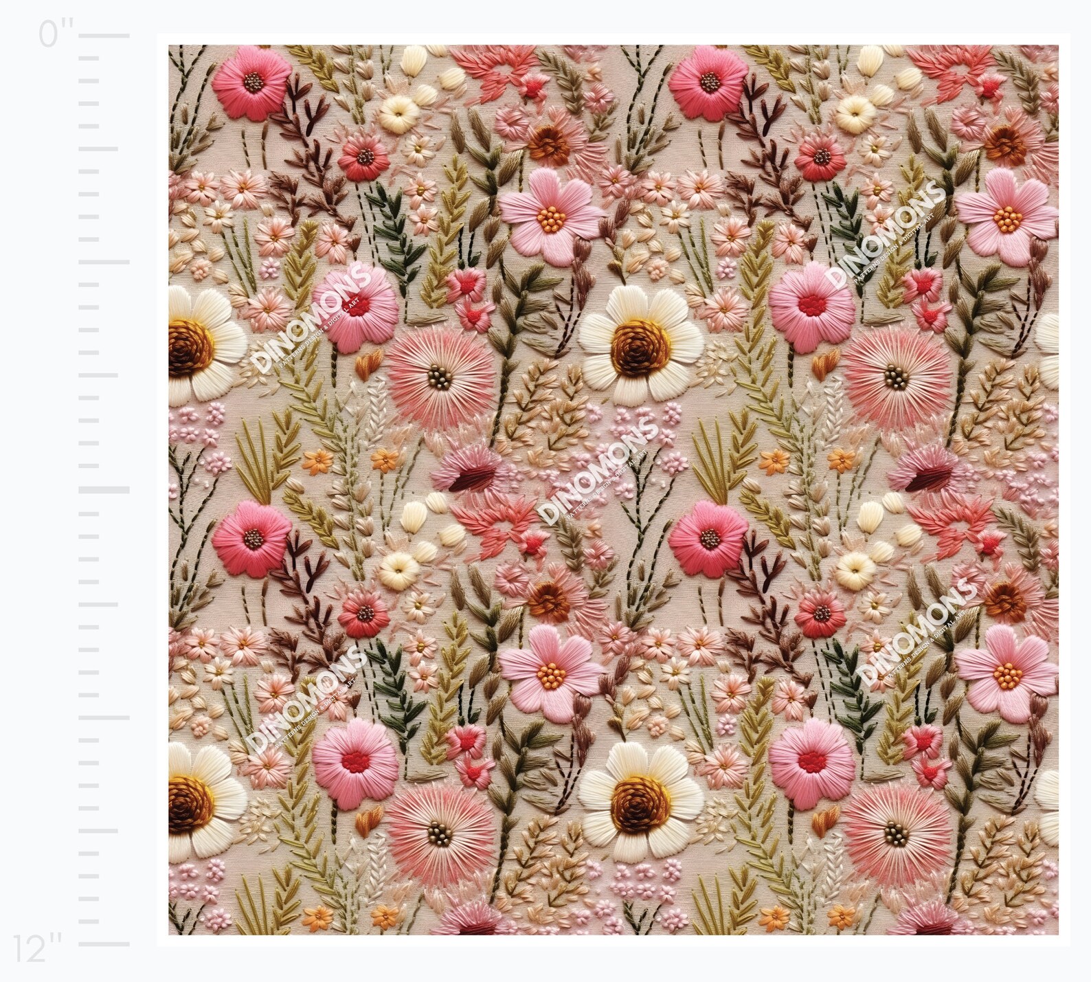 Pink Floral Embroidery Style Seamless Patterns, Pink Wildflower Digital ...