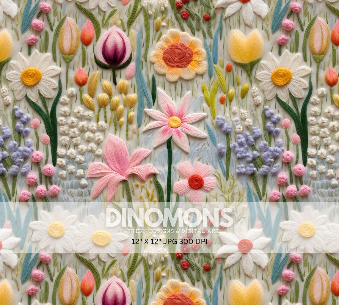 Pastel Floral Embroidery Style Seamless Patterns, Flower Pastel Digital ...