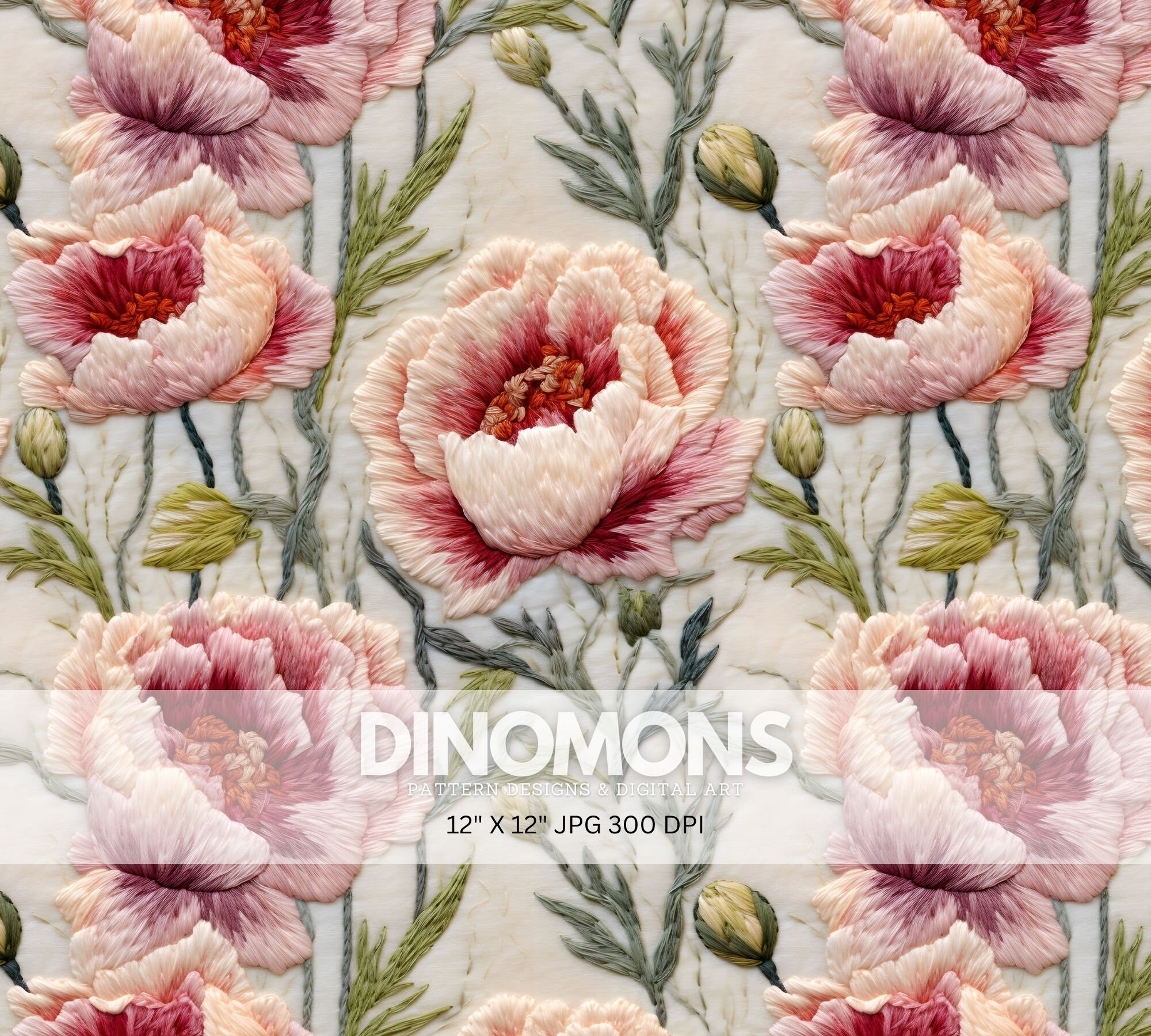Peony Embroidery Style Seamless Patterns, Peony Flower Digital Paper ...