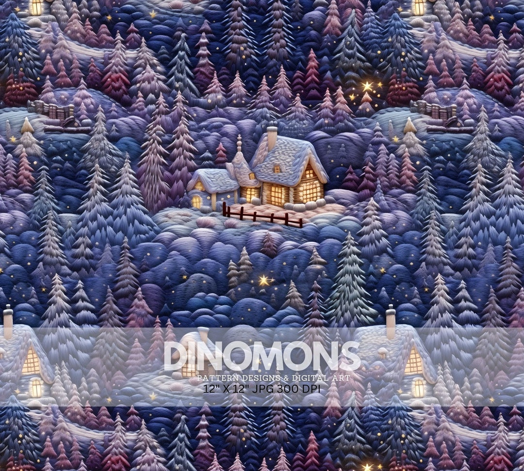 Night Winter Village Embroidery Seamless File, Christmas Village File ...