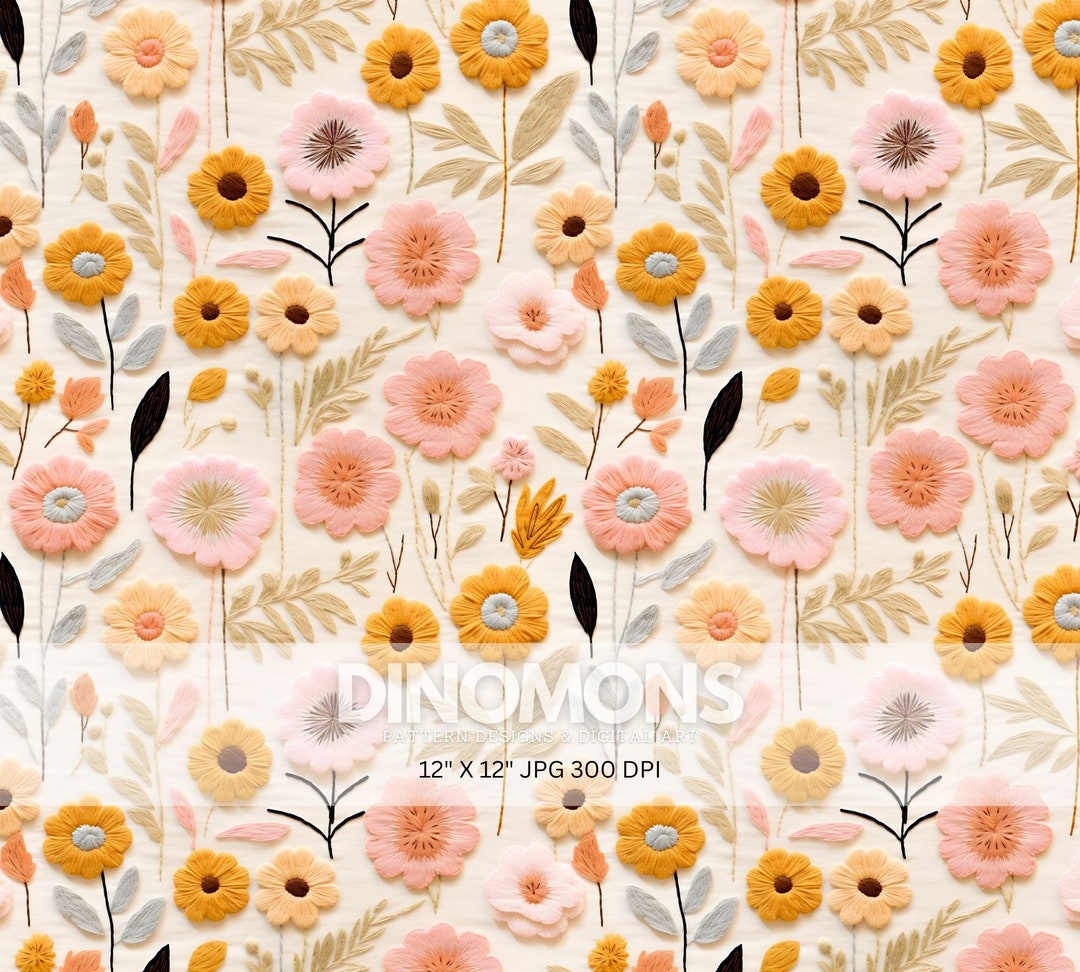 Minimal Pastel Flower Embroidery Style Seamless Patterns, Kids Design ...