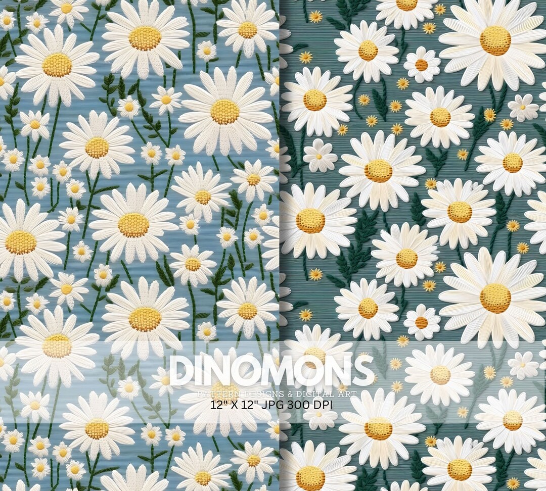 Daisy Embroidery Style Seamless Patterns, Daisies Digital Paper, Blue ...