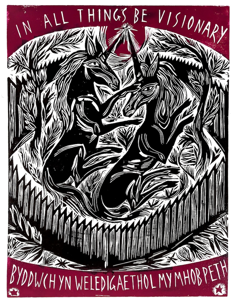 Unicorn Mantra Woodcut Print by Welsh Artist John Abell "in All Things ...