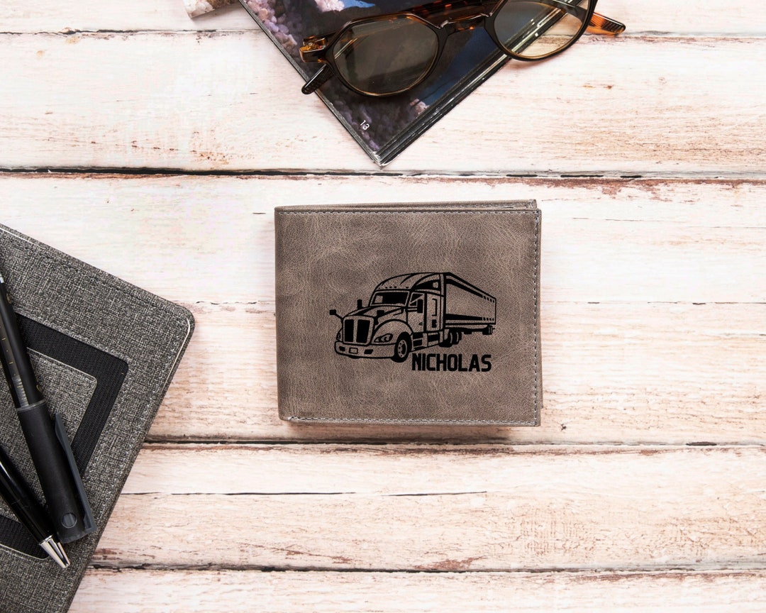 Custom Leather Bifold ID Wallet, Truck Driver Personalized Gift, Truck ...