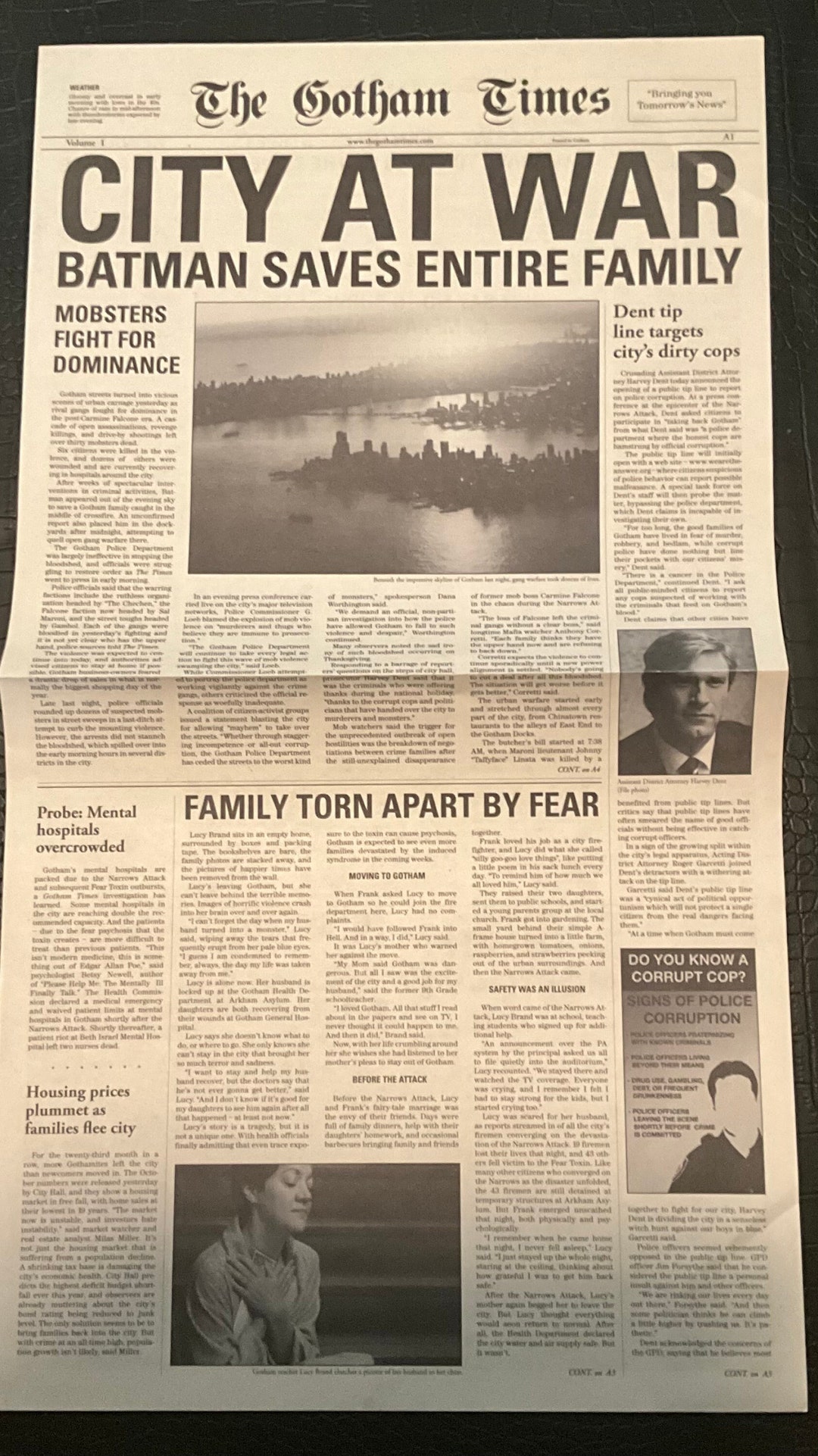 Batman Begins Newspaper Prop 1/1 Two Face Opens up Double Sided ...