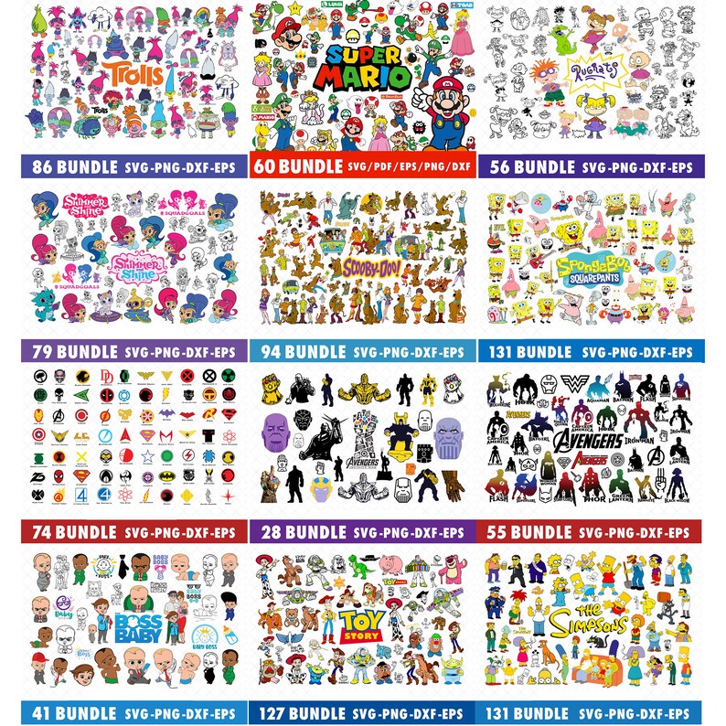 Paquete Mega Cartoon Svg, Dibujos animados Mega Png, Silueta, Cricut ...