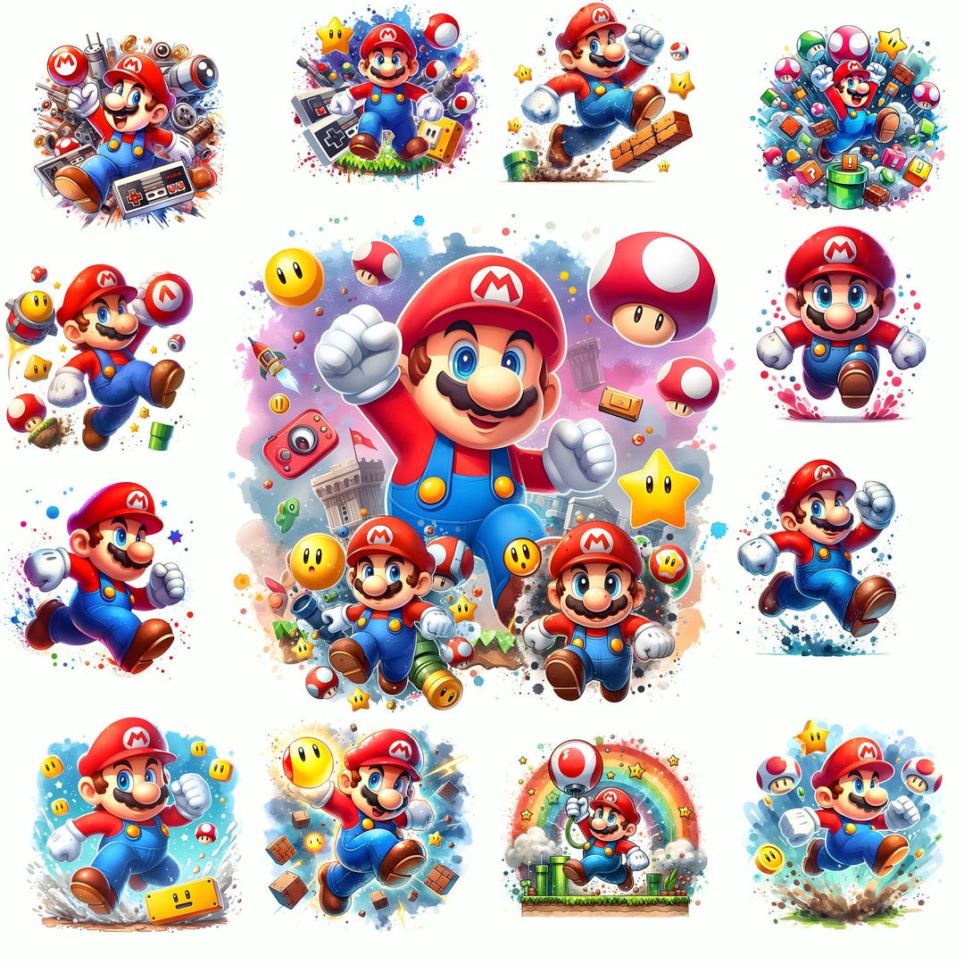 Watercolor Super Mario PNG Bundle, Mario Kart & Party Clipart, Brothers ...