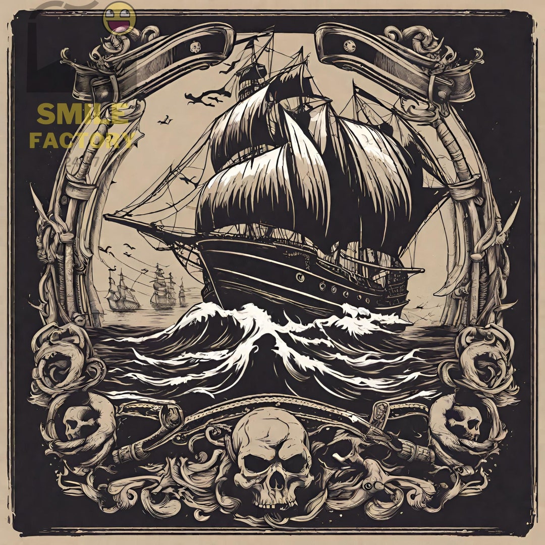Printable Dark Gothic Pirate Ship in Tumultuous Waters With Skull ...