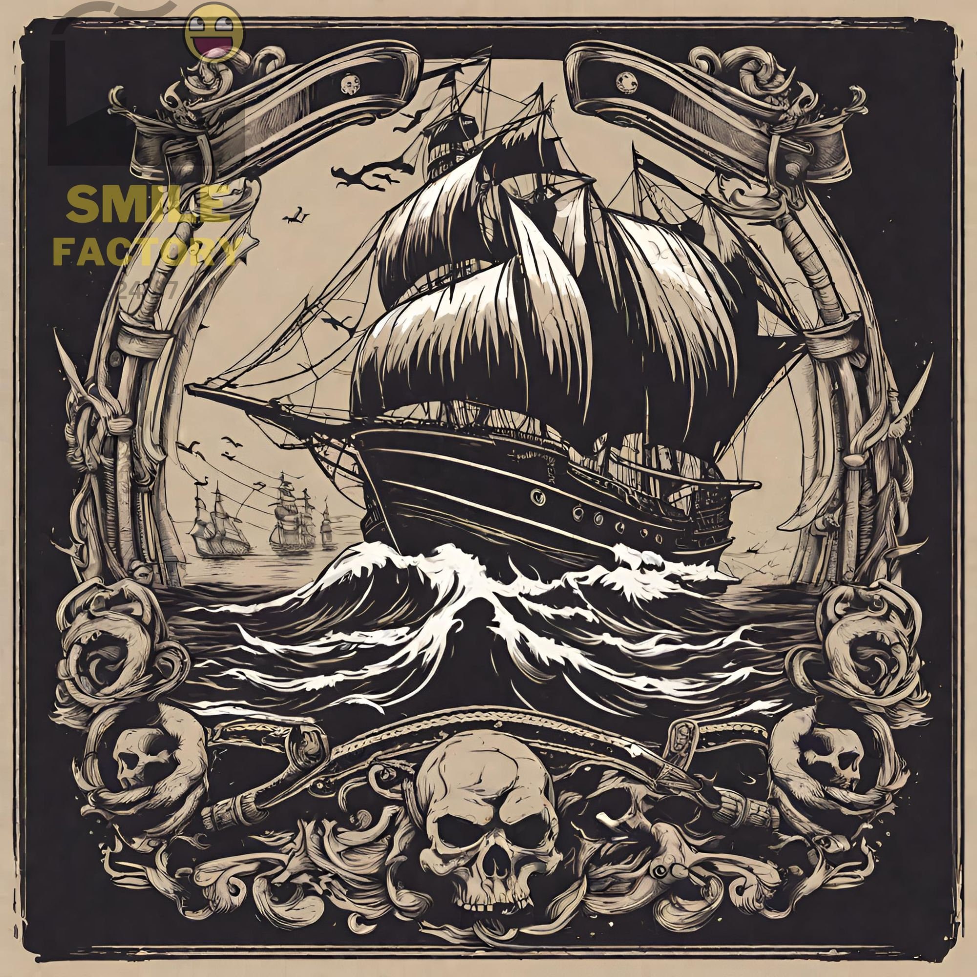 Printable Dark Gothic Pirate Ship in Tumultuous Waters With Skull ...