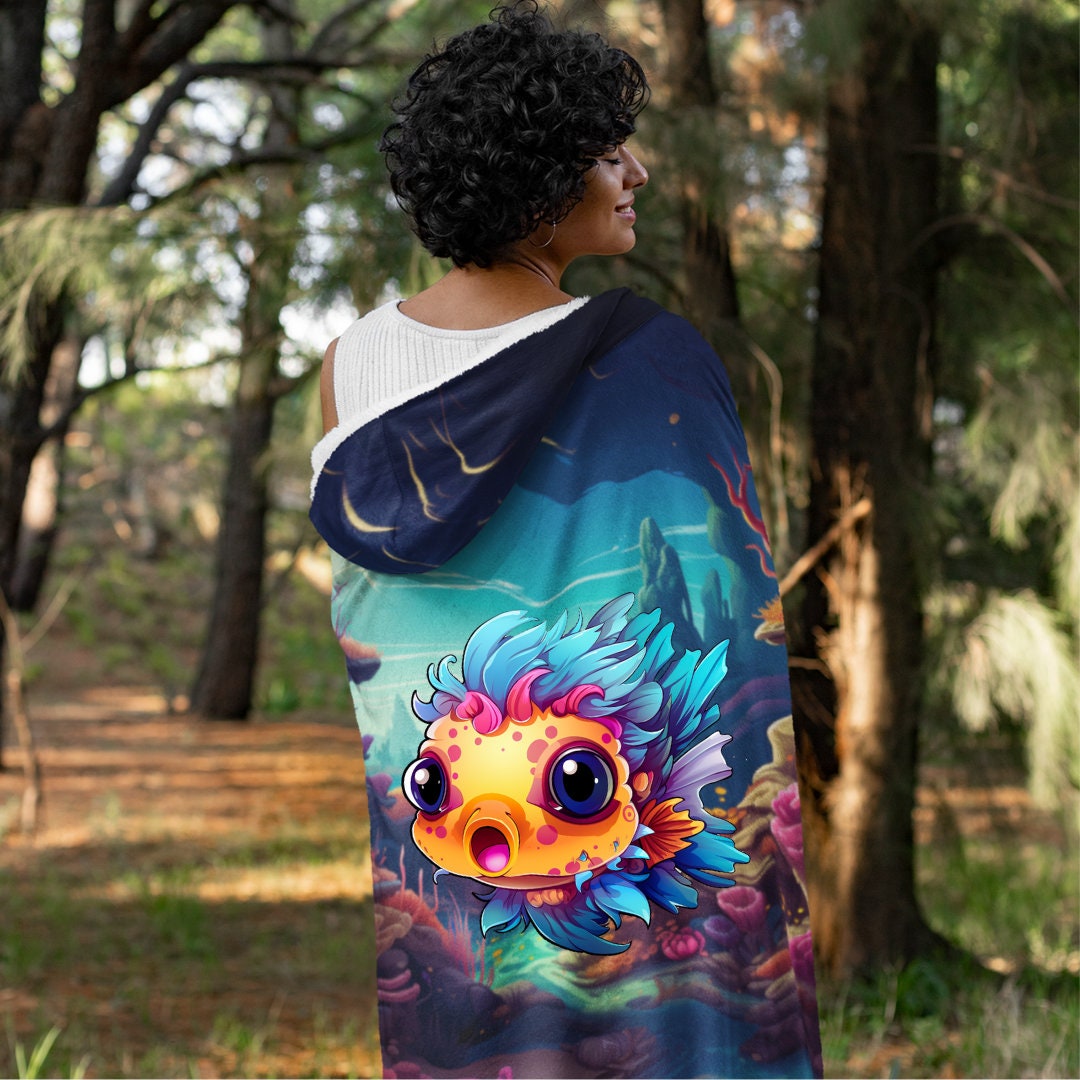 Pufferfish Underwater Fantasy Pop Art Hooded Blanket, Vivid Print Cozy ...