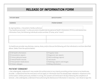 Release of Information Consent Form Template for Private Practice ...