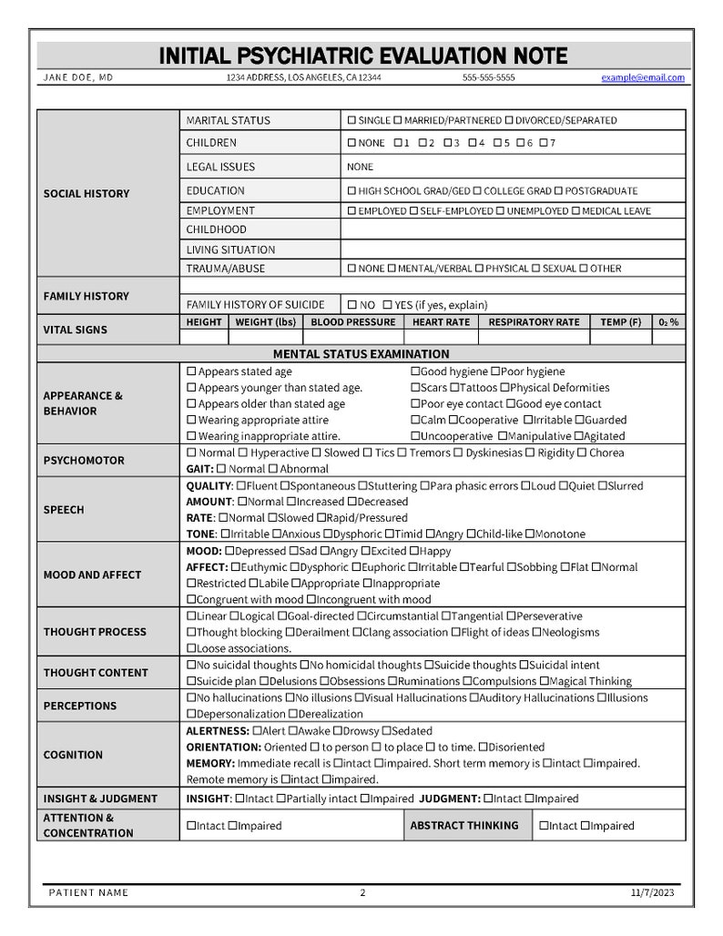 Initial Psychiatric Evaluation Note Template - Etsy