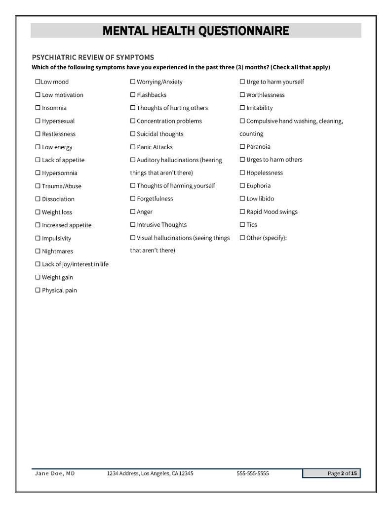 Mental Health Evaluation Form - Etsy