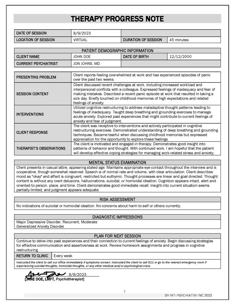 Therapy Progress Note Template - Etsy