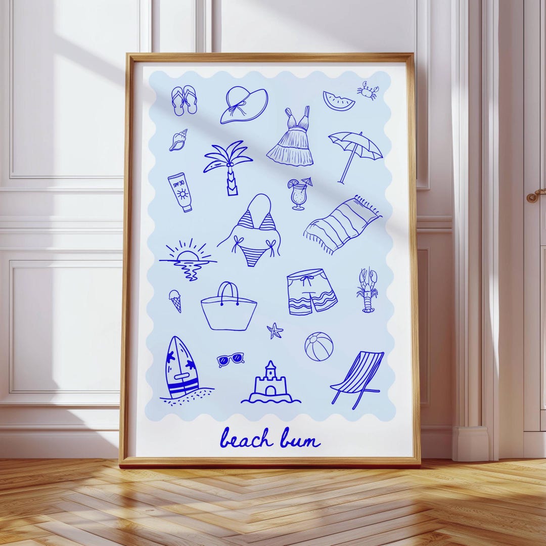 Beach Bum Print: Blue Coastal Line Art - Summer Home Decor (digital ...