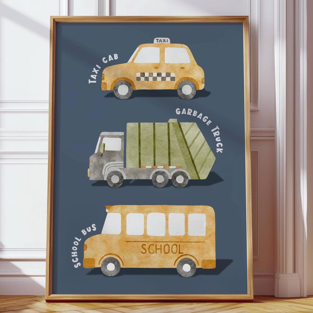 Transportation Nursery Wall Art: Taxi Cab Garbage Truck School Bus ...