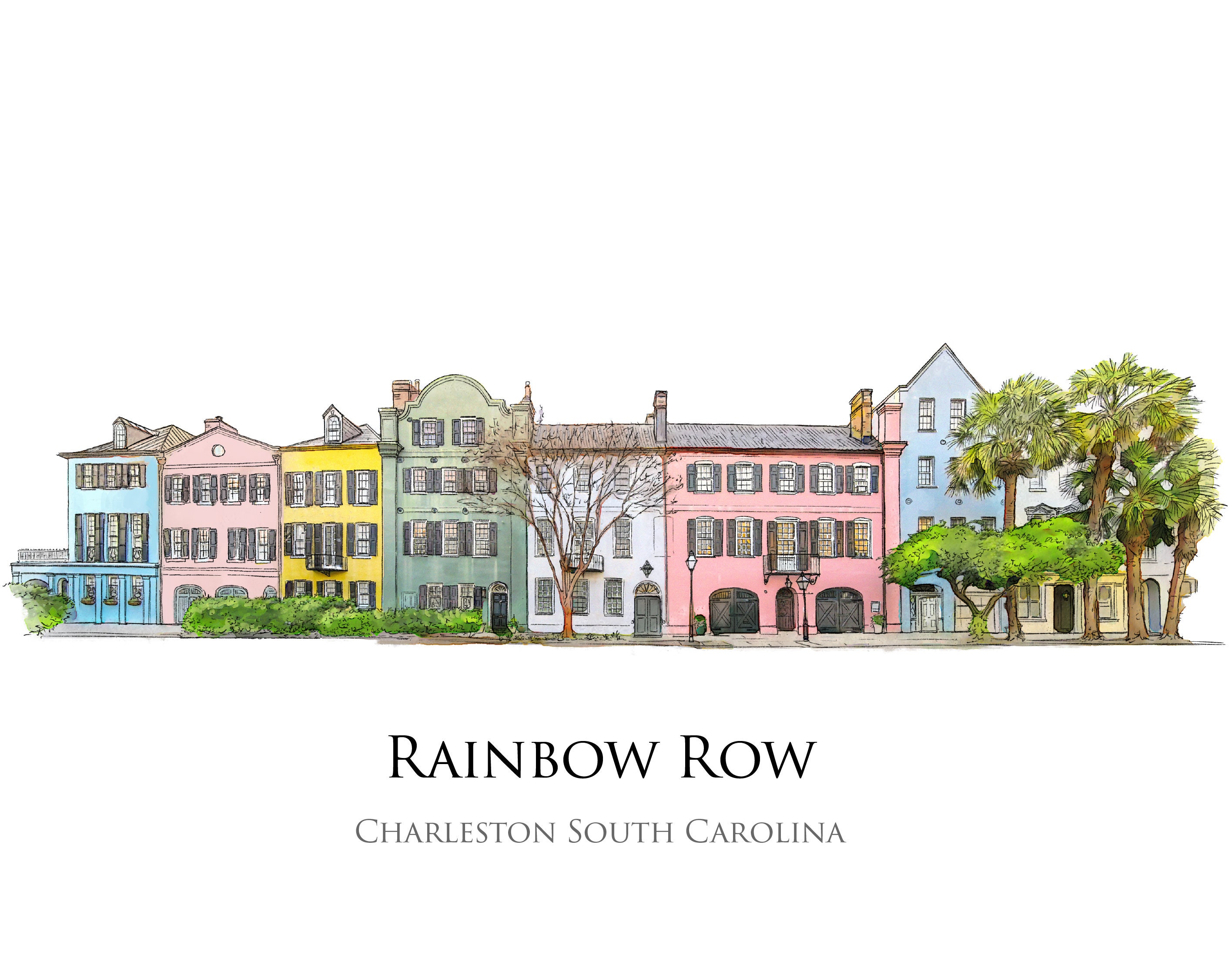 Rainbow Row Charleston South Carolina Watercolor Painting Giclée Fine ...