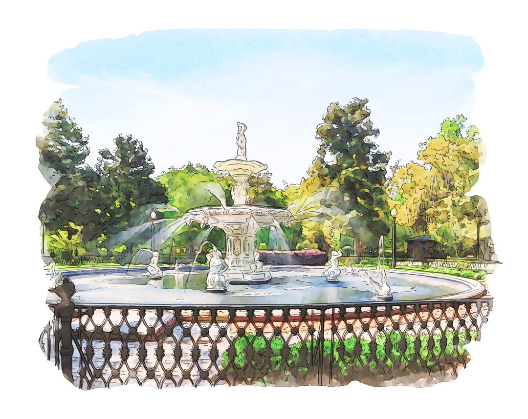 Forsyth Park Fountain Savannah Georgia Watercolor Painting Giclée Fine ...