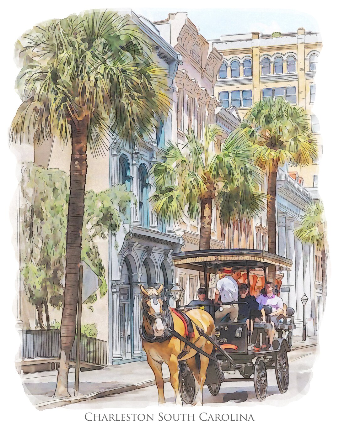 Carriage Tour Charleston South Carolina Watercolor Painting Print (or ...