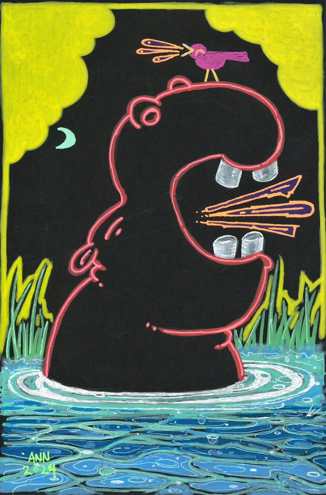 Neon Hippo 6x9 in Original Art - Etsy