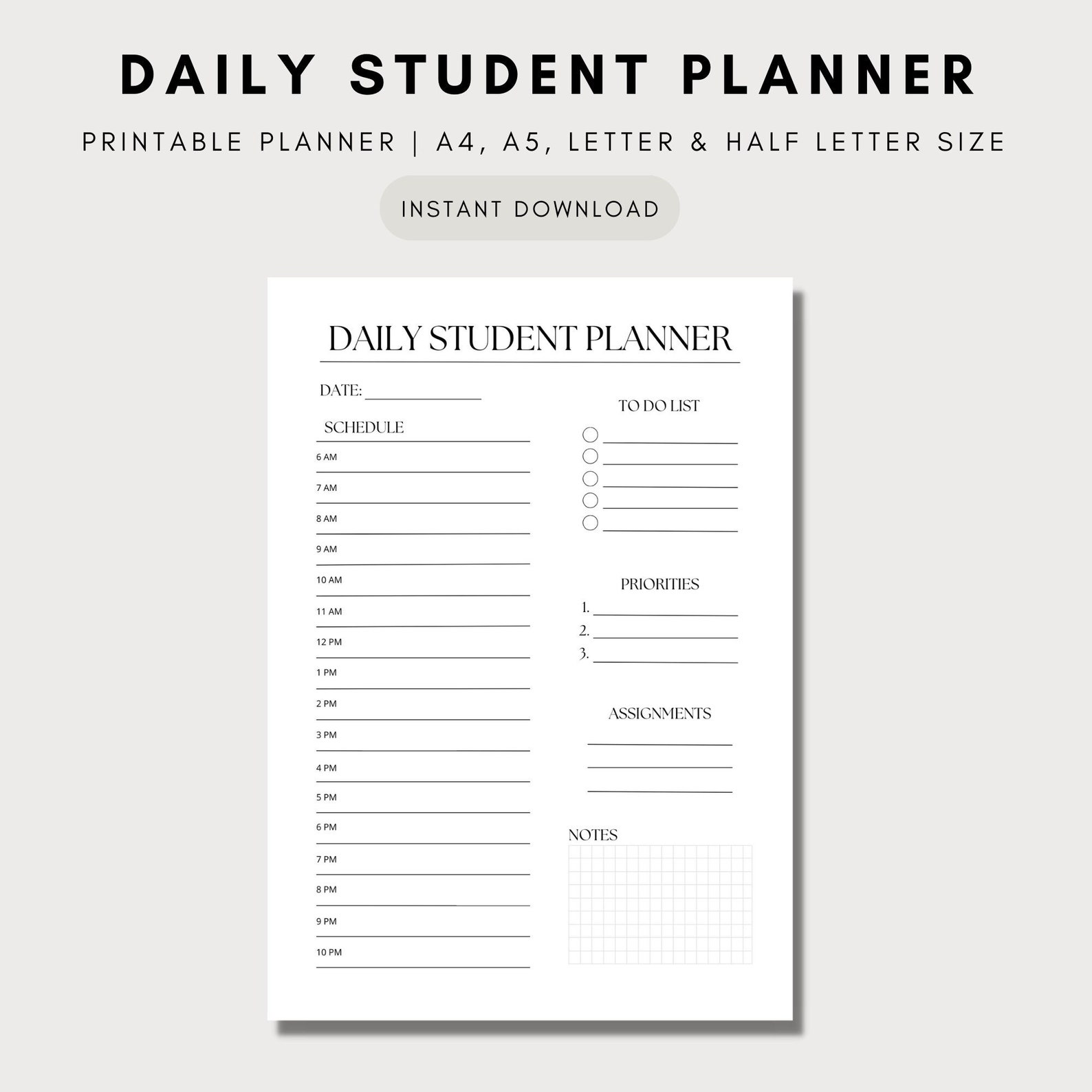 Printable Daily Student Planner, Undated Planner, Personal Planner ...