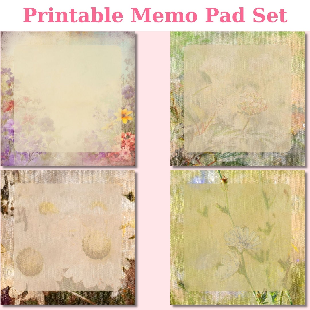 Vintage Flowers Memo Pad Set of 4, Printable Memo Pad Bundle, Vintage ...