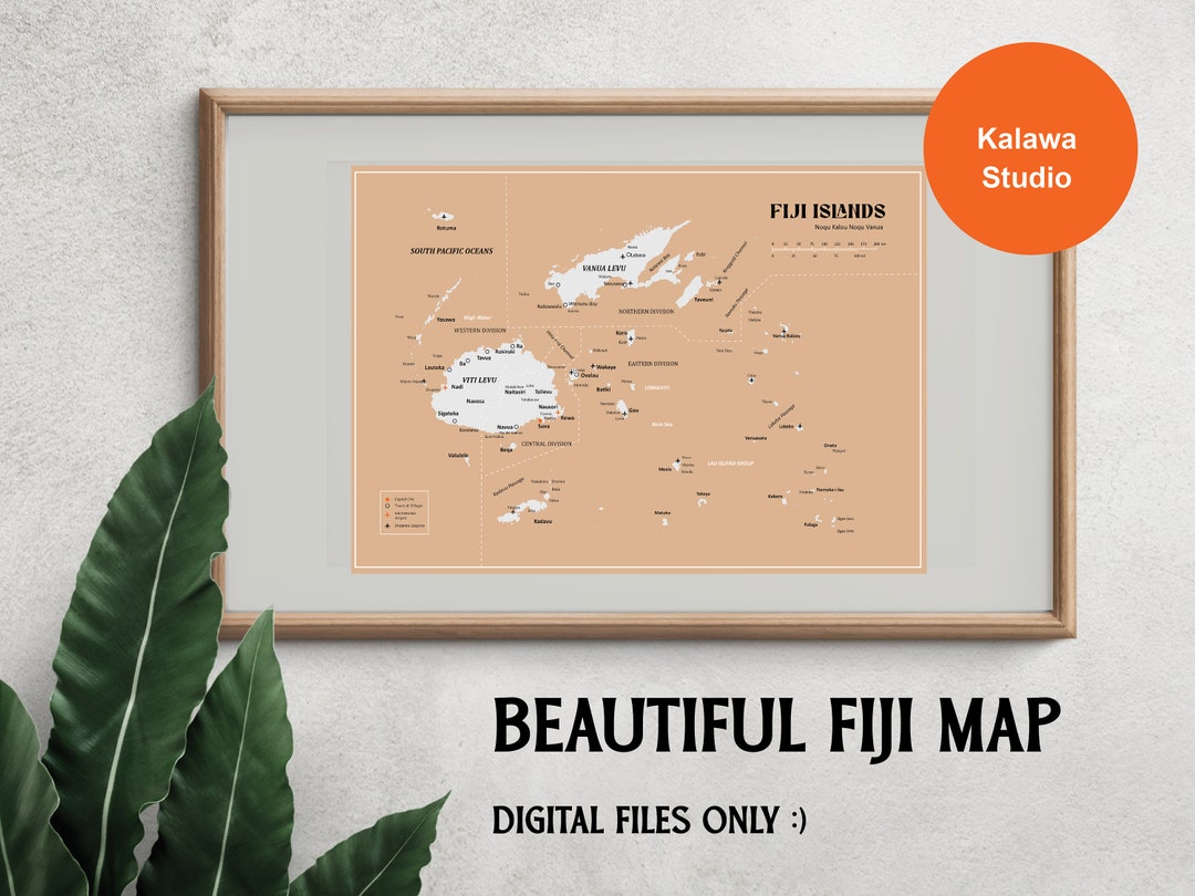Fiji Map Landscape / Labelled Brown Map / Digital or Printed Wall Art ...