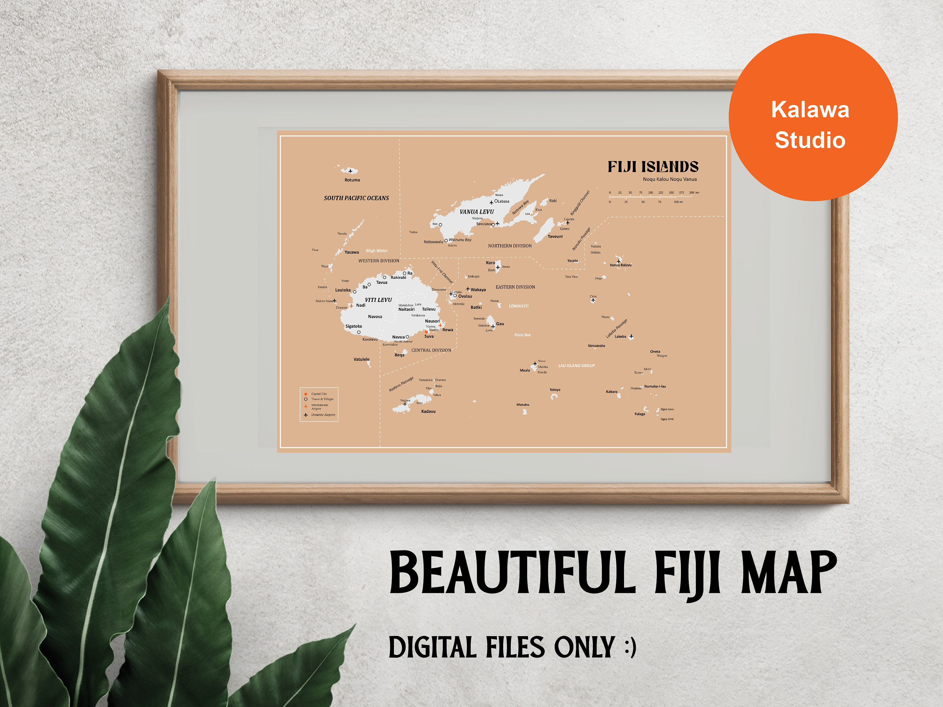 Fiji Map Landscape / Labelled Brown Map / Digital or Printed Wall Art ...