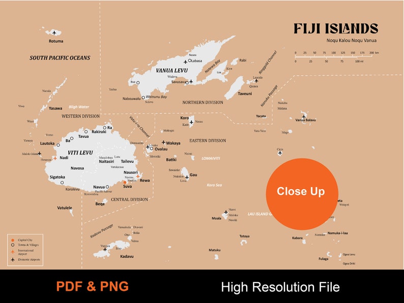 Fiji Map Landscape / Labelled Brown Map / Digital or Printed Wall Art ...
