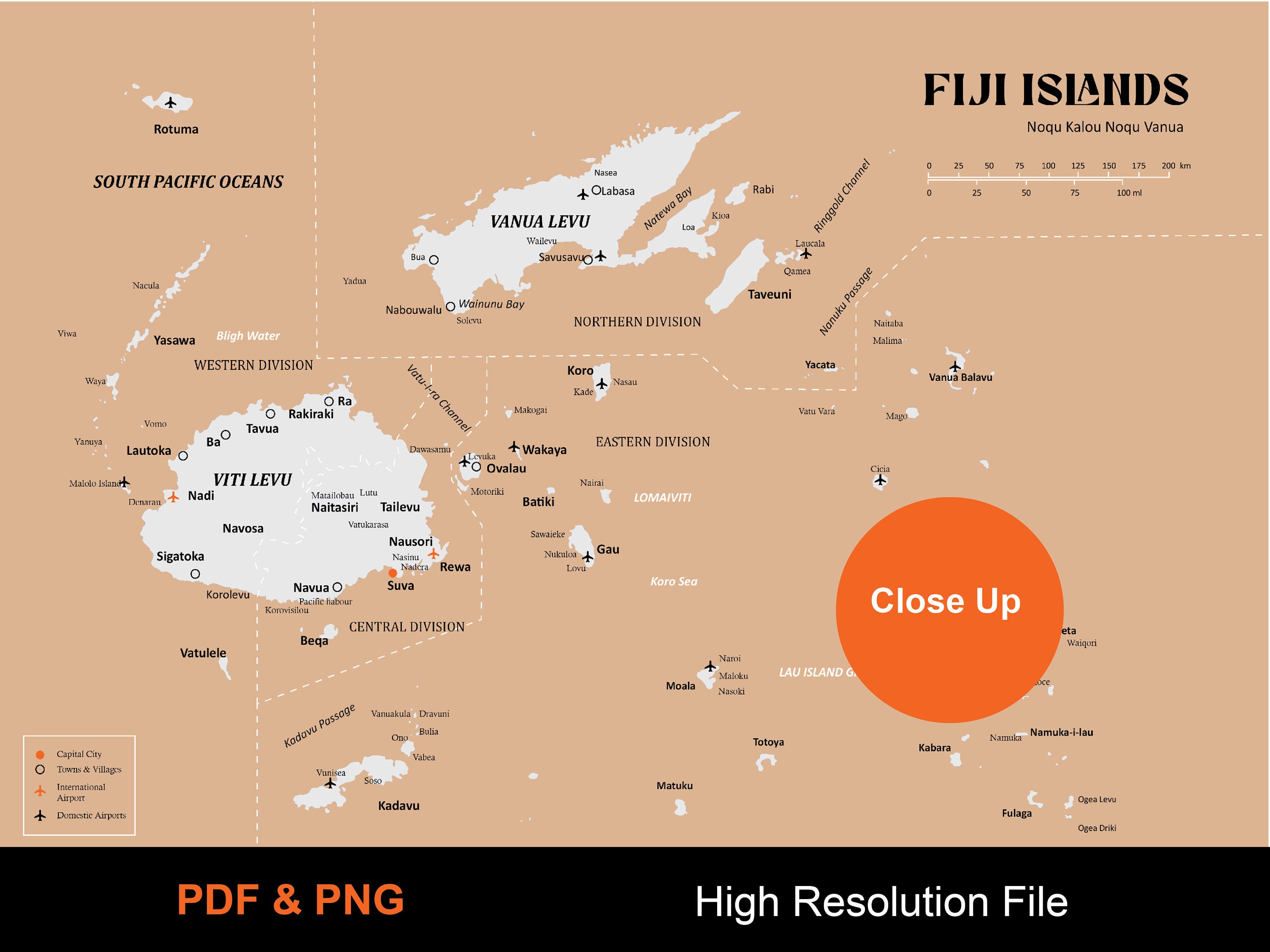 Fiji Map Landscape / Labelled Brown Map / Digital or Printed - Etsy