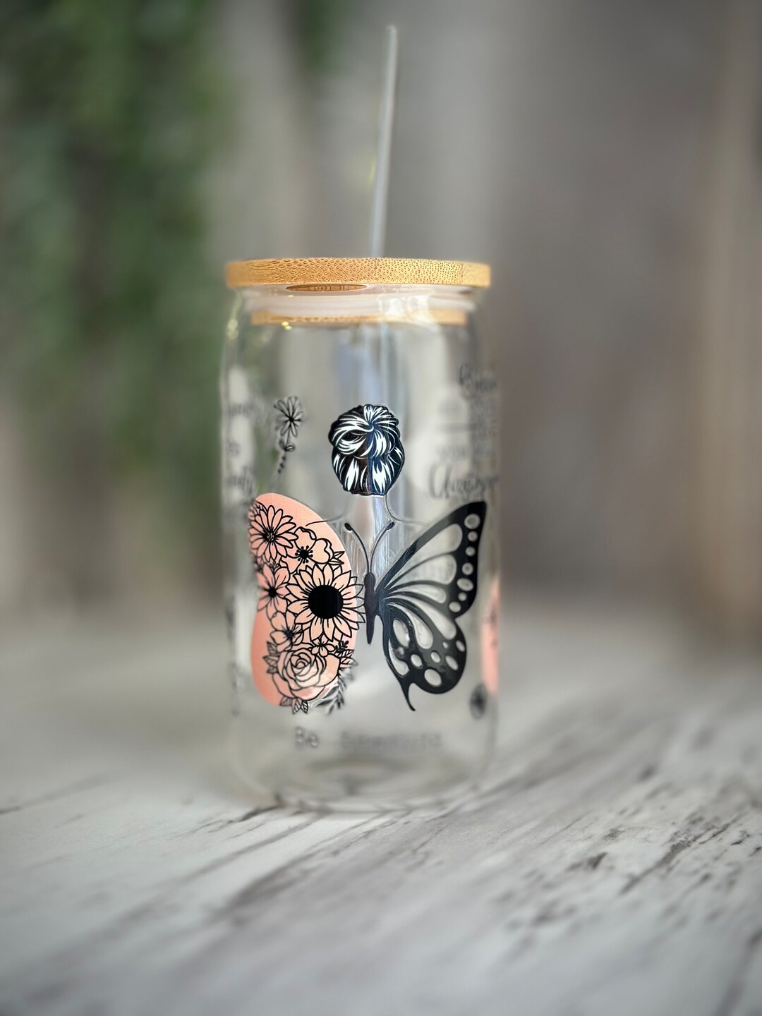 Boho Glass Tumbler 16 Oz, Affirmations Beer Glass, Glass With Bamboo ...