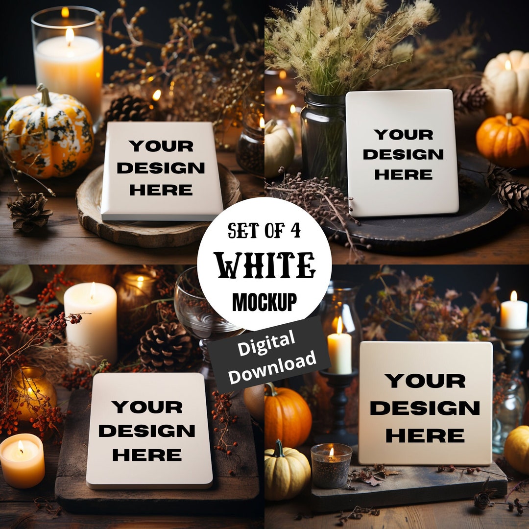 Set of Four White Square Coaster Mockup 4 Square Blank Halloween ...