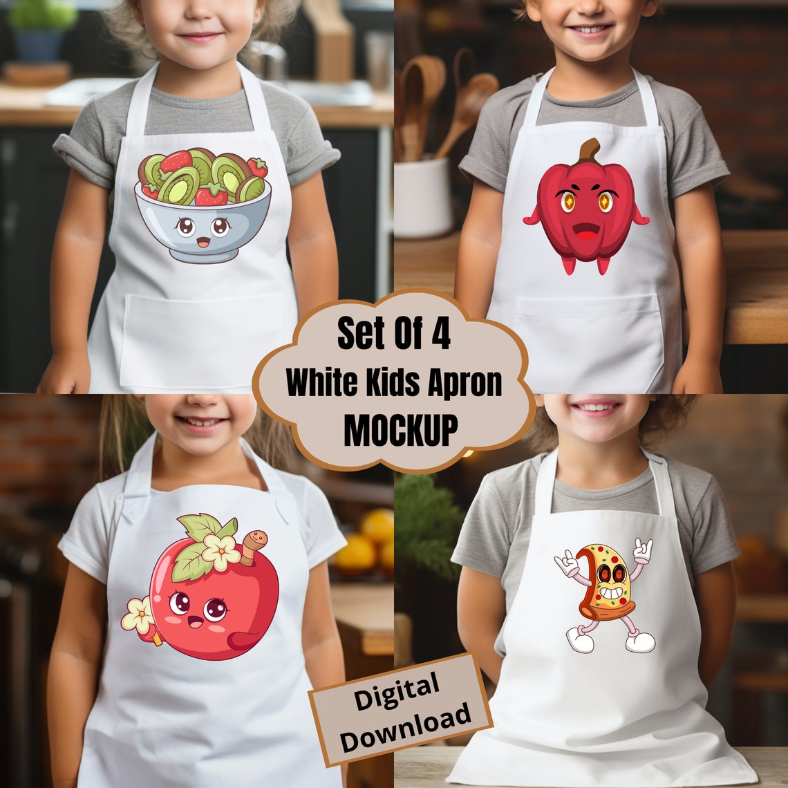 Set of Four Kids Cooking Apron Mock up White Apron Mockup Kitchen Chef ...