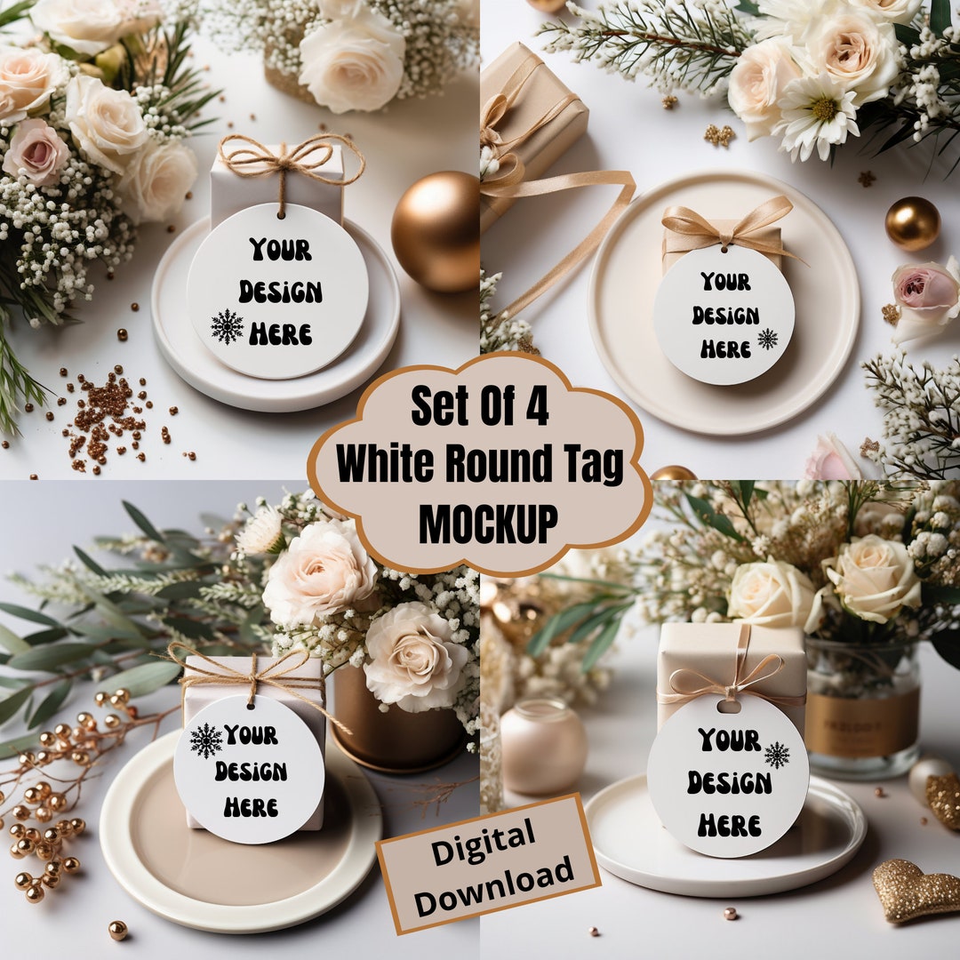 Set of Four Round Tag Mockup White Christmas Gift Tag Mock up Xmas ...