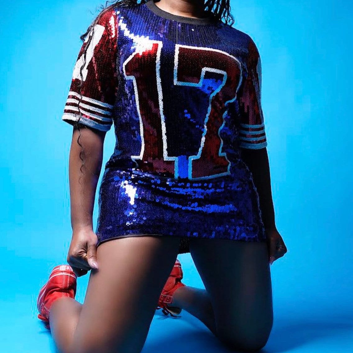 Blue and Red Sequin Football Jersey T-shirt Dress, Sparkle Oversized ...
